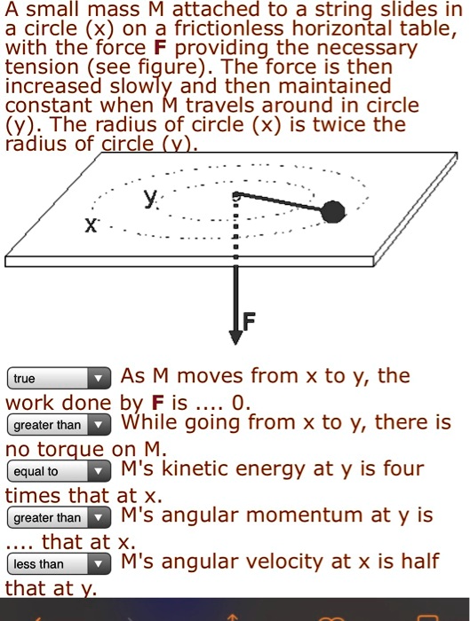 SOLVED: A small mass M attached to a string slides in a circle (X) on a frictionless horizontal ...