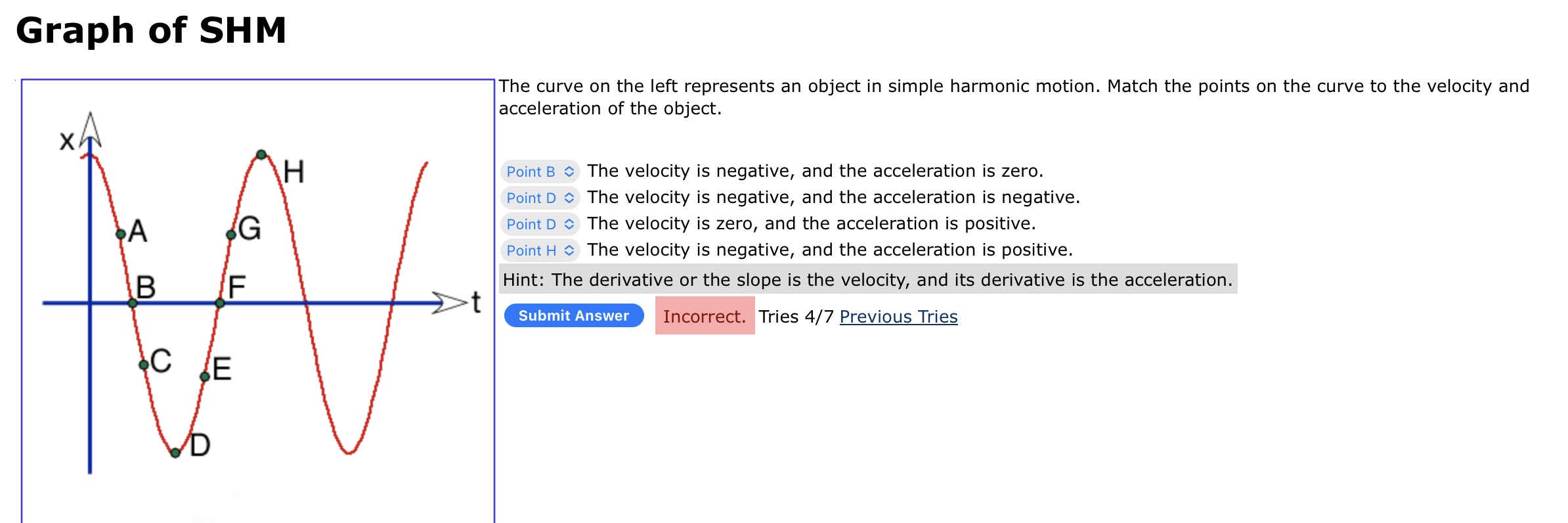 Graph of SHM The curve on the left represents an object in simple harmonic motion. Match the ...
