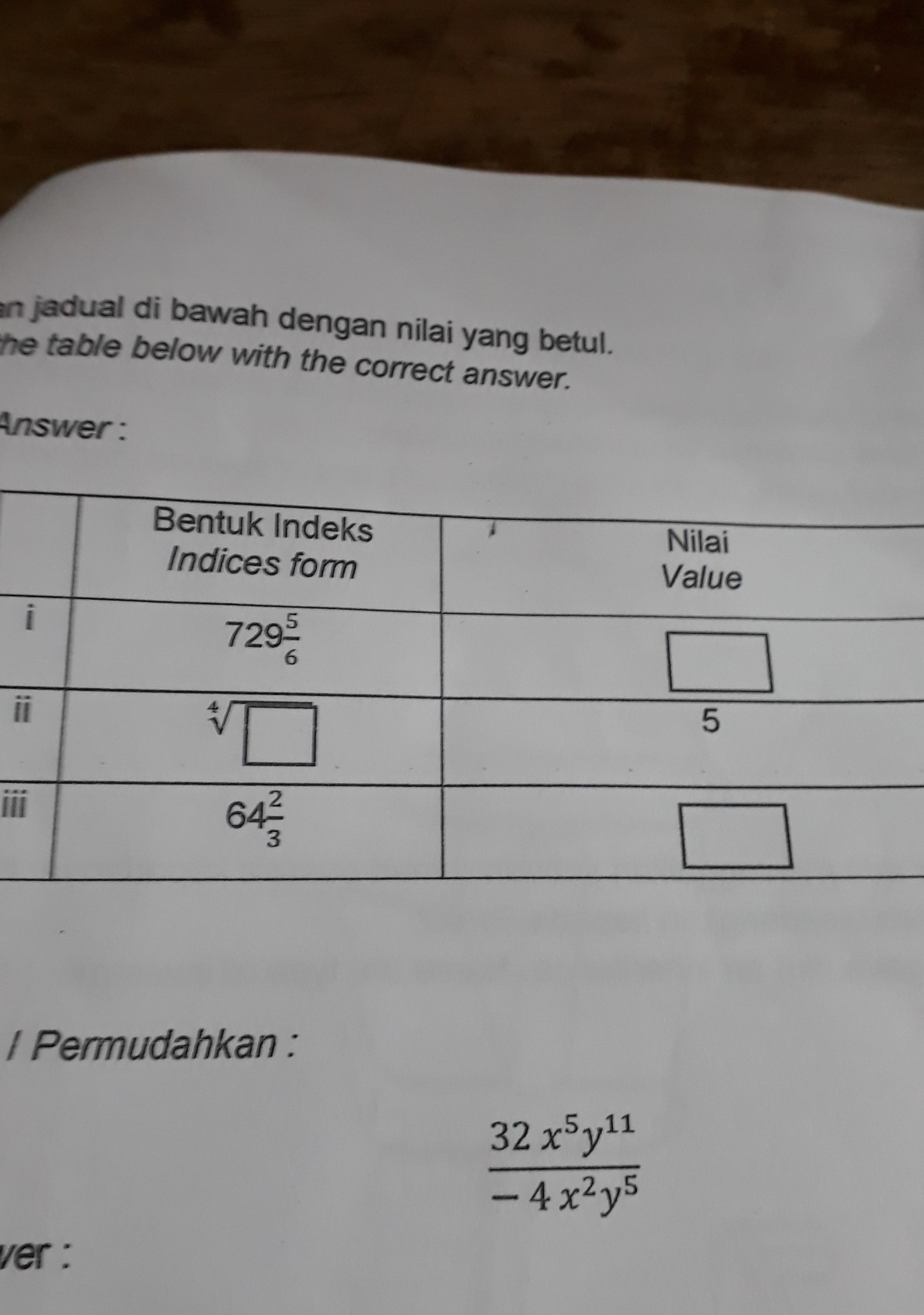 an jadual di bawah dengan nilai yang betul. the table below with the ...