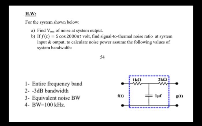 H.W: For the system shown below: a) Find Vrms of noise at system output. b) If f(t) = 5 cos ...
