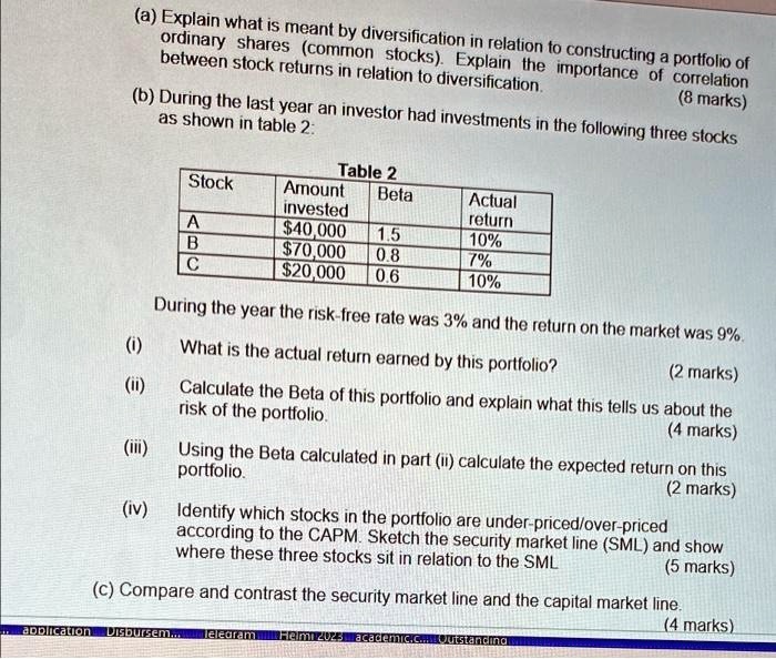 (a) Explain what is meant by diversification in relation to constructing a portfolio of ordinary ...