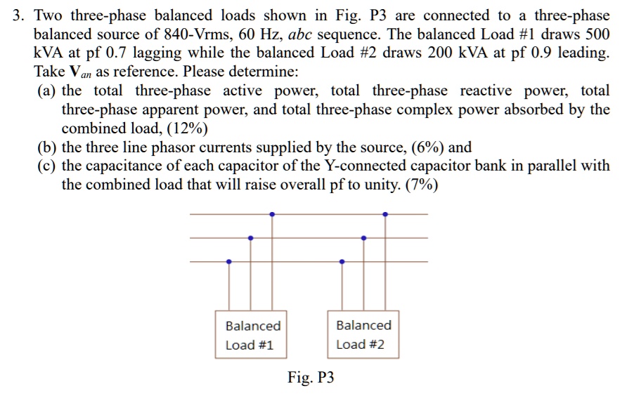 3. Two three-phase balanced loads shown in Fig. P3 are connected to a three-phase balanced ...
