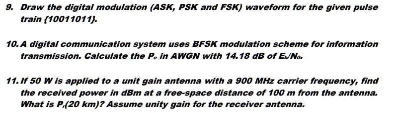 Solved Draw The Digital Modulation Ask Psk And Fsk Waveform For The Given Pulse Train