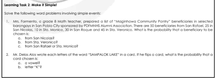 SOLVED: Text: Learning Task Make Simple Solve the following word problems involving simple ...