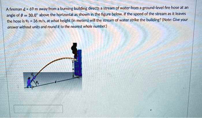 SOLVED: A fireman d = 69 m away from burning building directs stream Of ...