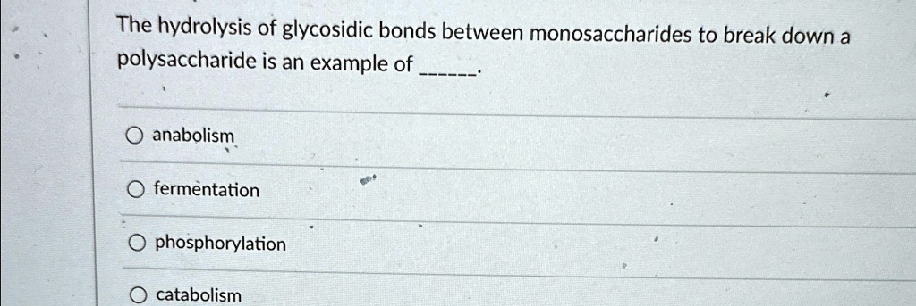 The hydrolysis of glycosidic bonds between monosaccharides to break ...