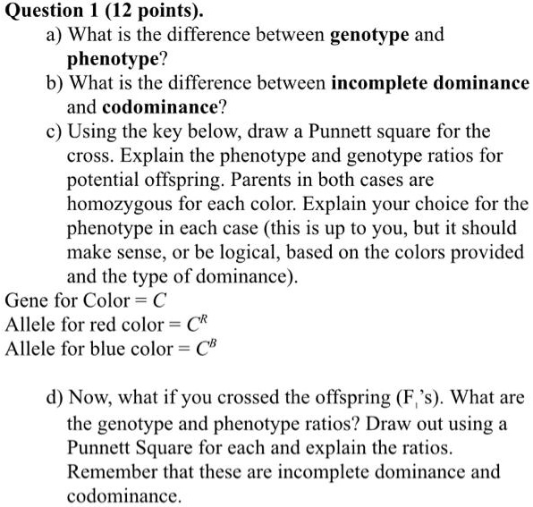 question 1 12 points a what is the difference between genotype and ...