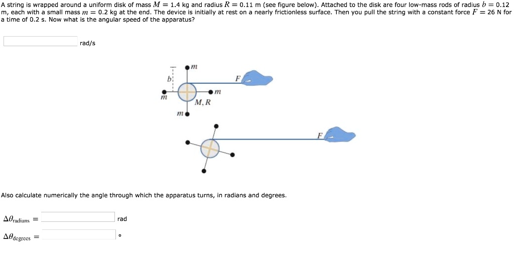 string wrapped around uniform disk of mass m 14 kg and radius r 011 m sec figure below attached ...