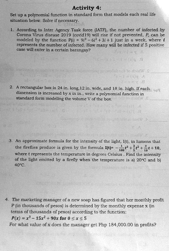 activity 4 set up polynomial function in standard form that models cach real life situation ...