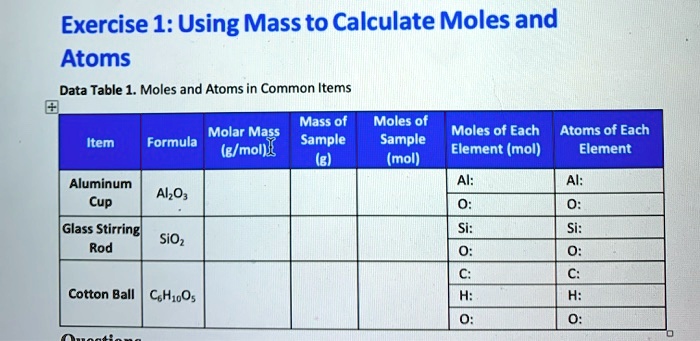 exercise 1 using mass to calculate moles and atoms data table moles and ...