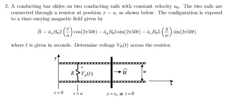 SOLVED: A conducting bar slides on two conducting rails with a constant velocity uo. The two ...