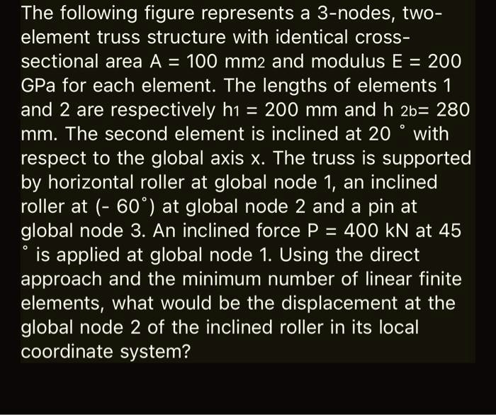 SOLVED: The following figure represents a 3-nodes, two element truss structure with identical ...