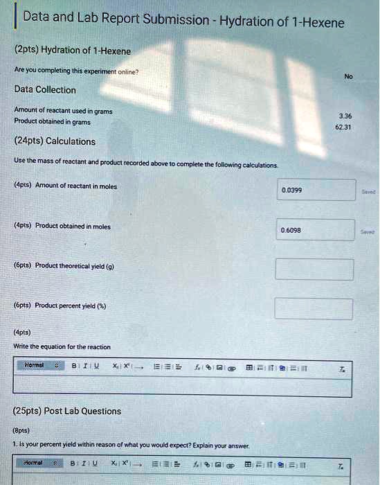 SOLVED: Please help with product theoretical yield, product percent yield, and post lab Q1 and I ...