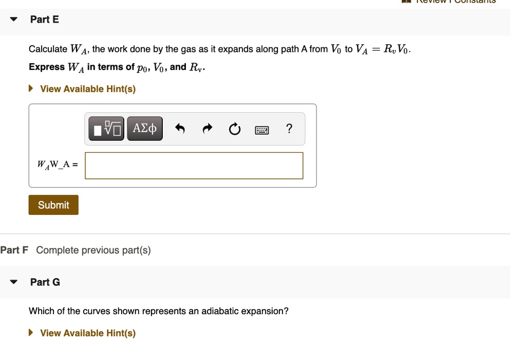 Solved Calculate Wa The Work Done By The Gas As It Expands Along Path A From Vo To Va Ruvo 