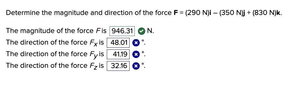 SOLVED: Determine the magnitude and direction of the force F = (290 N)i ...