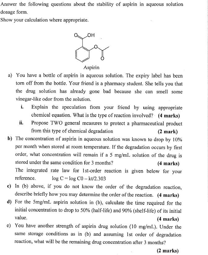 SOLVED: Title: Stability of Aspirin in Aqueous Solution Dosage Form You ...