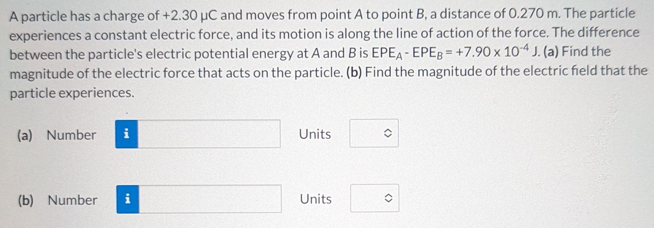 SOLVED: A particle has a charge of +2.30 μC and moves from point A to point B, a distance of 0. ...