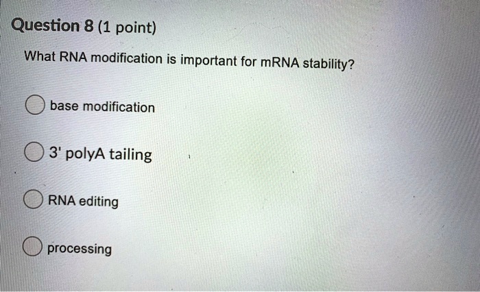SOLVED: Question 8 (1 point) What RNA modification is important for ...
