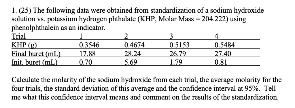 1 25 the following data were obtained from standardization of a sodium ...