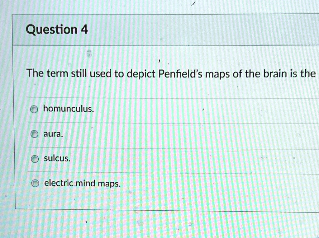 Question 4 The term still used to depict Penfield's maps of the brain ...