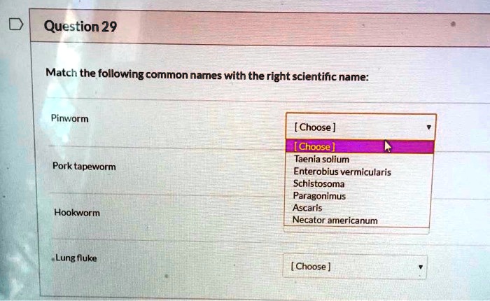 Question 29 Match the following common names with the right scientific ...