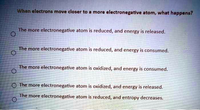 SOLVED: When electrons move closer to a more electronegative atom, what ... SOLVED: When electrons move closer to a more electronegative atom, what ...