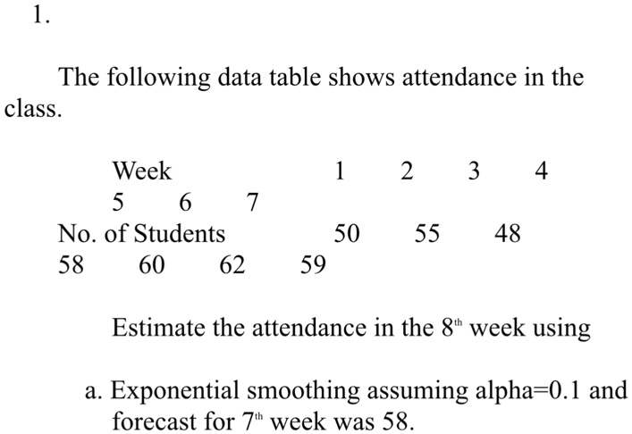 SOLVED: 1. The following data table shows attendance in the class. Week ...