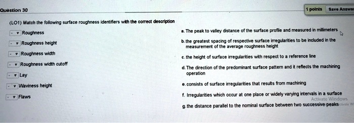 Question 30 (LO1) Match the following surface roughness identifiers ...