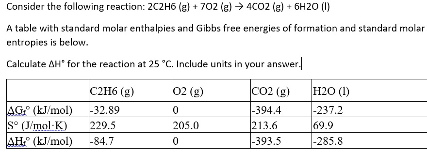 consider the following reaction 2c2h6 g 702 g 4c02 g 6h2o i a table ...