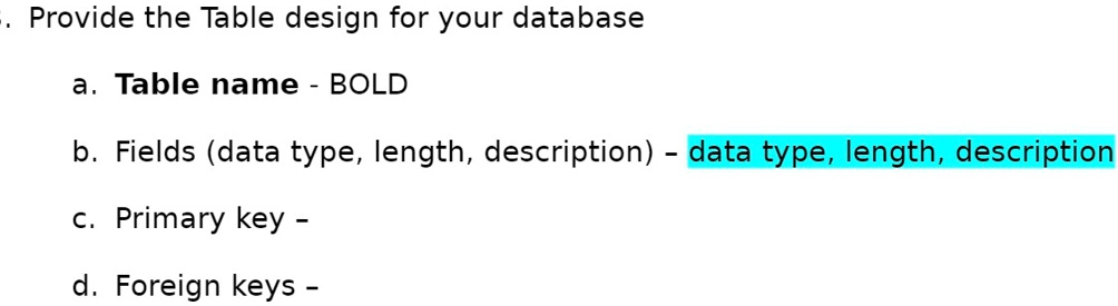 Solved Provide The Table Design For Your Database Table Name Bold B 4697