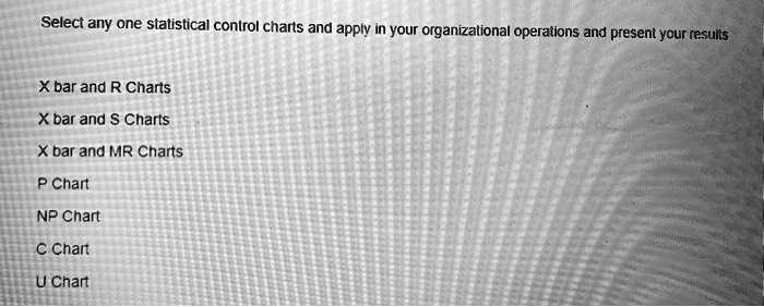 SOLVED: X bar and R Charts X bar and S Charts Xbar and MRCharts P Chart ...