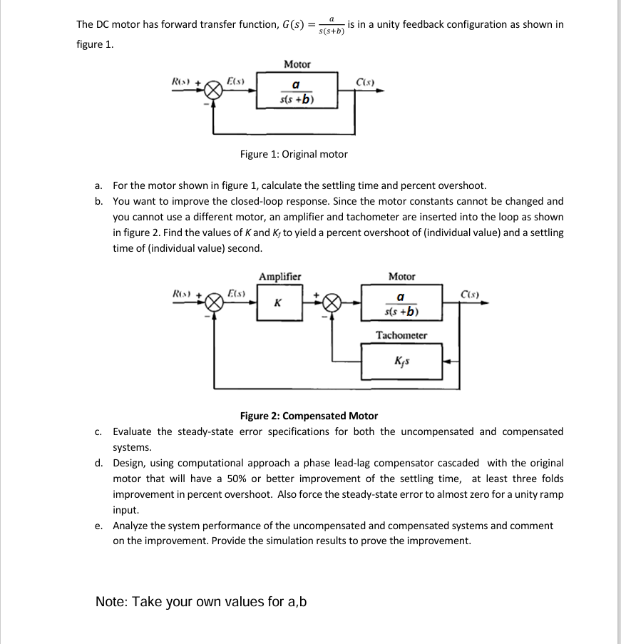 The DC motor has forward transfer function, G(s)=(a)/(s(s+b)) is in a unity feedback ...