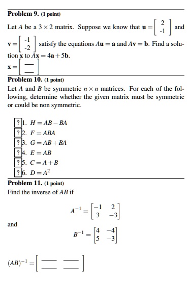 problem 9 1 point let a be a 3 2 matrix suppose we know that u and satisfy the equations au a ...
