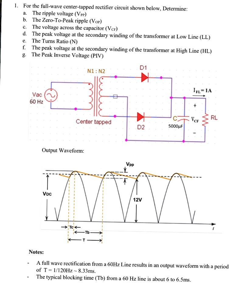 SOLVED: For the full-wave center-tapped rectifier circuit shown below ...