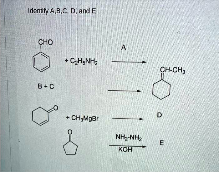 SOLVED: Identify A.B.CDand E CHO A +CH5NH2 CH-CH3 B+C +CH3MgBr D NH2 ...