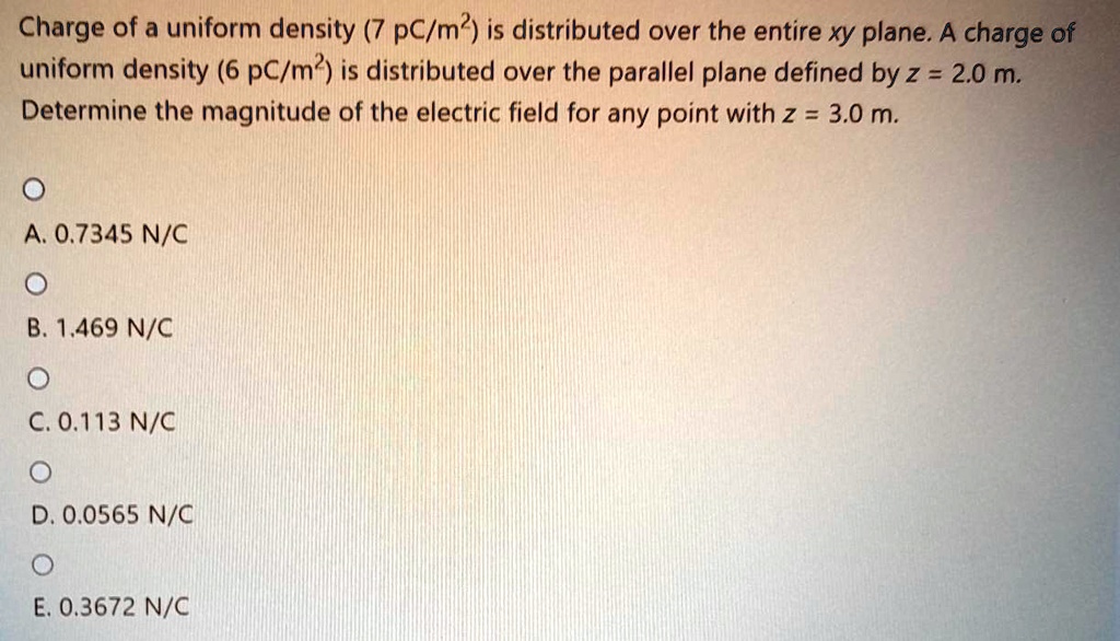 SOLVED: Charge of a uniform density pC/m?) is distributed over the entire xy plane. A charge of ...
