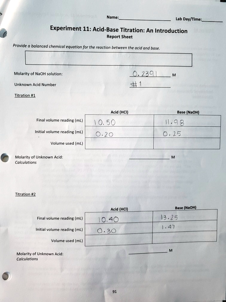 Name: Lab Day/Time: Experiment 11: Acid-Base Titration: An Introduction Report Sheet Provide a ...