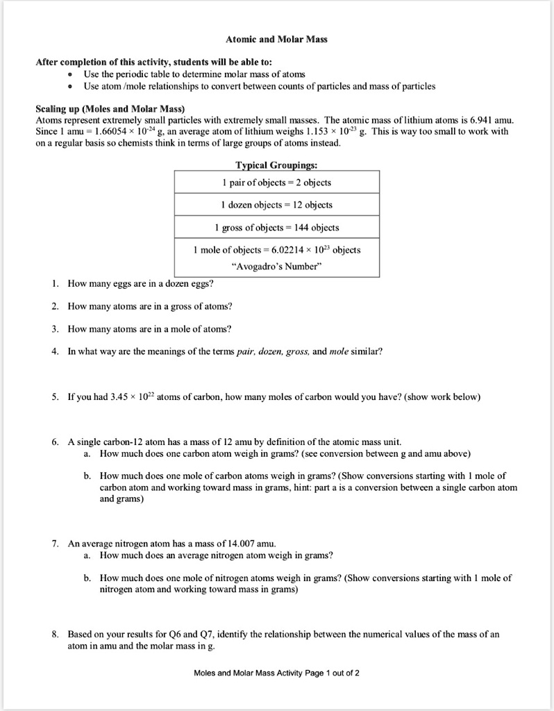 atomic and molar mass after completion of this activity students will ...