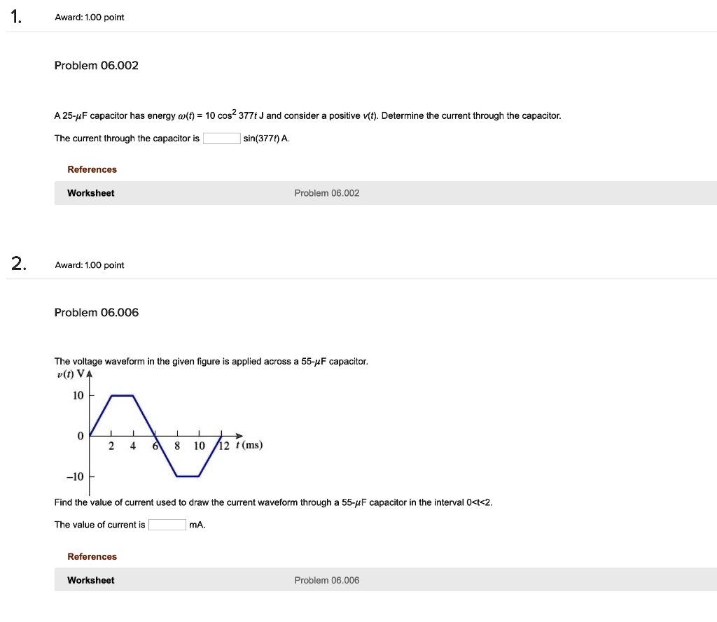 1 award 100 point problem 06002 a 25 f capacitor has energy t 10 cos2 ...