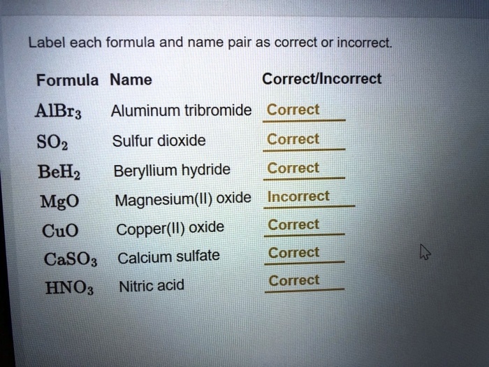 SOLVED: Label each formula and name pair as correct or incorrect ...