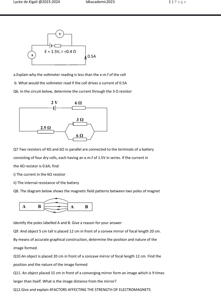 SOLVED: Lycée de Kigali @2023-2024 Idkacademic2023 1|Page a.Explain why the voltmeter reading is ...