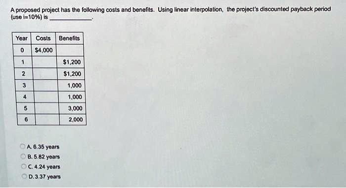 SOLVED: A proposed project has the following costs and benefits. Using ...