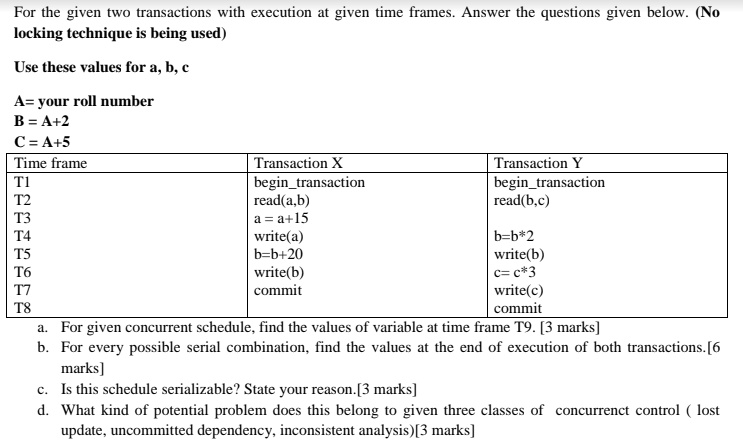 SOLVED: For the given two transactions with execution at given time ...