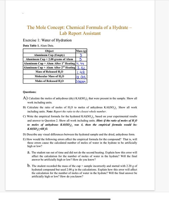 SOLVED: The Mole Concept: Chemical Formula of a Hydrate - Lab Report ...