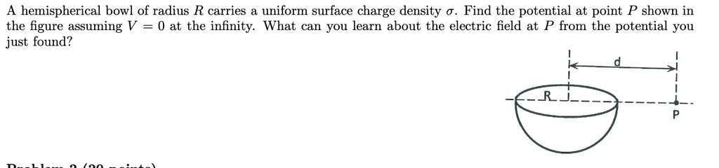 A hemispherical bowl of radius R carries uniform surface charge density Find the potential at ...