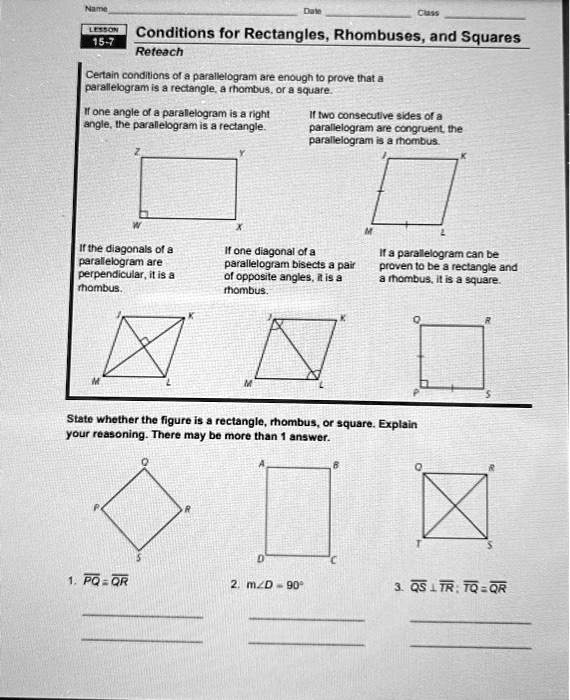 Name Date Class Lesson Conditions For Rectangles Rhombuses And Squares 15 7 Reteach Certain