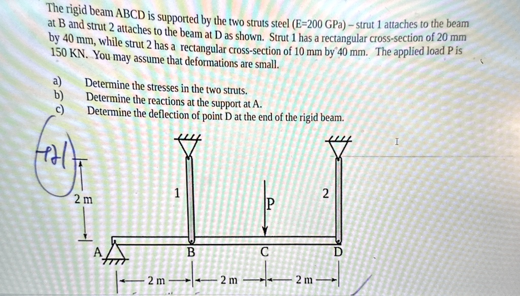 the rigid beam abcd is supported by the two struts steel e200 gpa strut ...