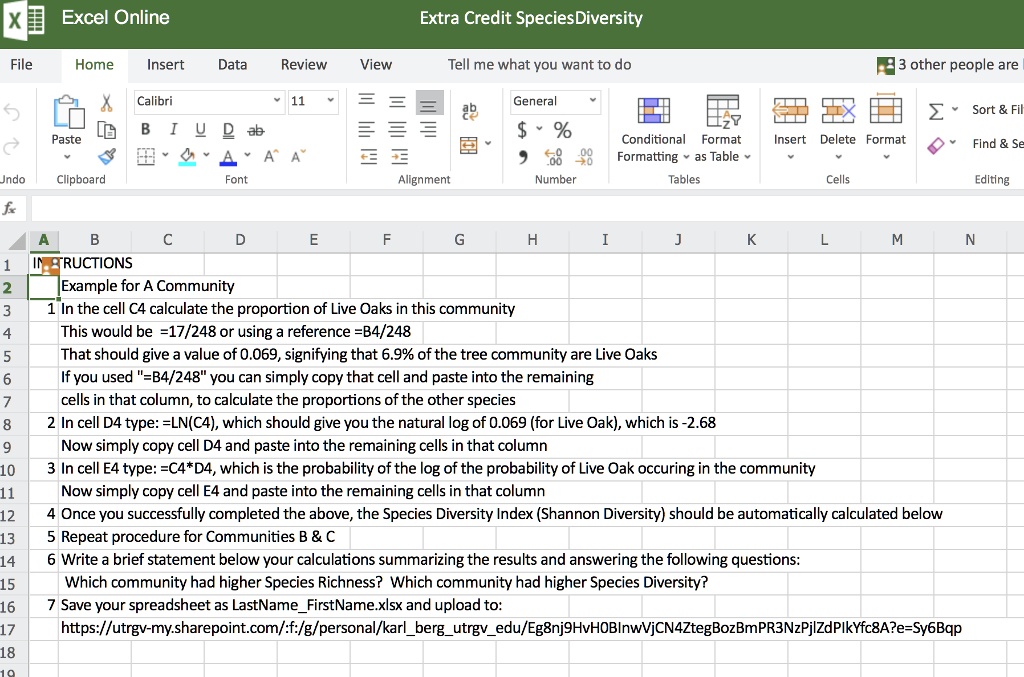SOLVED: Excel Online Extra Credit Species Diversity File Home Insert ...