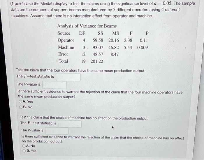 SOLVED: Analysis of Variance for Beams Source DF SS MS Operator 59.58 20.16 2.38 0.11 Machine 93 ...