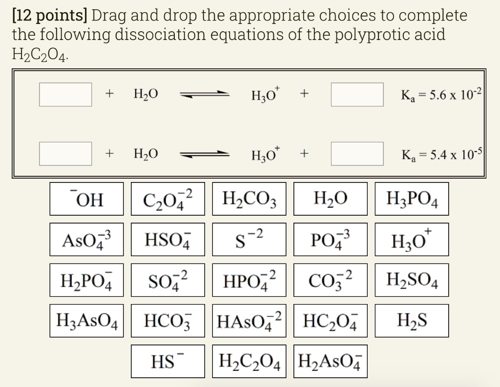 i2 points] Drag and drop the appropriate choices to complete the following dissociation ...